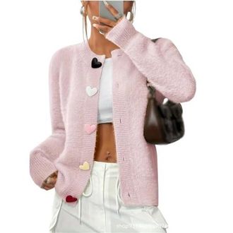Generic Cardigan en tricot pelucheux pour femme - Couleur unie - Motif coeur arc-en-ciel - Confortable - Manches longues, rose, XL