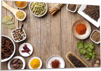 Wallario Herdabdeckplatte/Spritzschutz aus Glas, 1-teilig, 80x52cm, für Ceran- und Induktionsherde, Gewürze in Schüsseln auf einem Alten Holztisch in der Küche