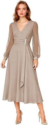 Generic Robe de mère de la mariée à manches longues en mousseline de soie plissée avec col en V pour invitée de mariage, taupe, 46 Grande taille