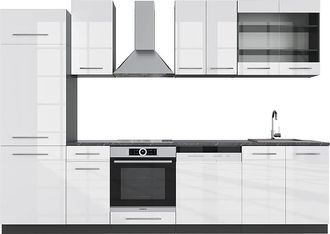 Vicco Küchenzeile Fame-Line, Weiß Hochglanz/Anthrazit, 300 cm ohne Arbeitsplatte