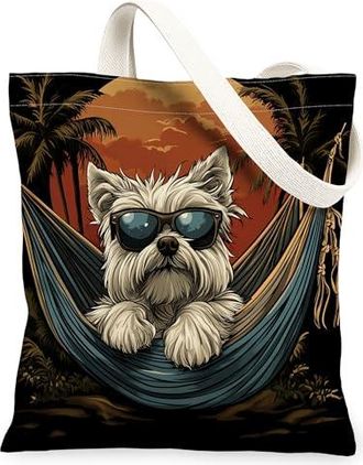 Generic Cool Westie Sac fourre-tout en toile pour faire du shopping 33 x 38,1 cm, sac d&eacute;picerie r&eacute;utilisable avec palmier tropical amusant pour femme, animal 