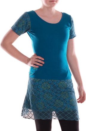 vishes Alternative Bekleidung - Damen A-Linie Kleid Baumwolle Blumen-Muster Rundhals t&uuml;rkis 36-38