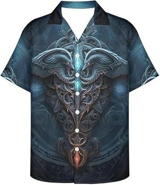 Keephen Viking Impression 3D Chemise &agrave; Boutons Manches Courtes Nouveaut&eacute; Viking Animal Chemise Hawaiienne Vacances &Eacute;t&eacute; Plage Haut
