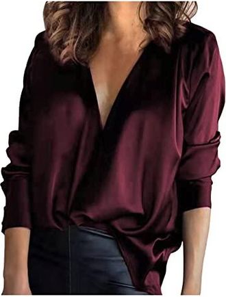 Generic HUIFUAO Chemises en Satin à col en V pour Femme - Chemisier à Manches Longues - Grande Taille - Imitation Soie - Doux - Basique - Tunique de Travail, 