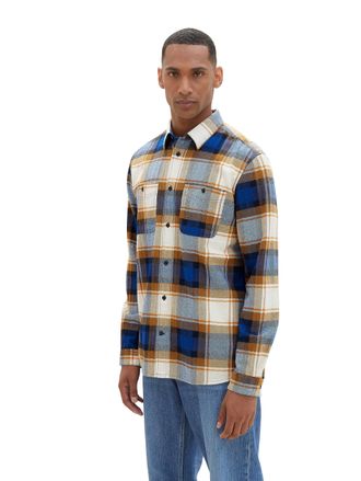Tom Tailor Herren Comfort Fit Hemd mit Karo-Muster aus Baumwolle, blue cognac multicolor check, XL