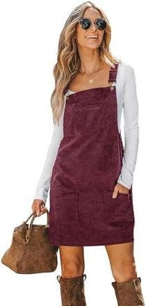 Cupshe Mini robe dété décontractée en velours côtelé avec poche sur le devant et col carré et bretelles larges pour femme, rouge vin, Taille XS