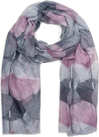 styleBREAKER Écharpe pour femmes avec motif de feuilles de ginkgo colorées et franges courtes, foulard léger, châle 01016208, couleur:Mauve-Gris