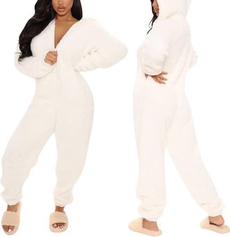Minetom Damen Jumpsuit Fleece Schlafanzug Einteiler Winter Warm Kuschelig Onesie Lang Schlafoverall Pyjama Arsch Ausschnitt Flauschig Hausanzug Mit Kapuze & R