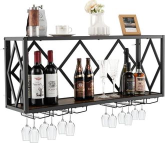 Costway Costway - Weinregal Wand, 2 Ebenen Flaschenregal Holz mit Metallrahmen, mit 6 Reihen Weingl&auml;serhalter, Industrial Design, ideal f&uuml;r Zuhause, Bar
