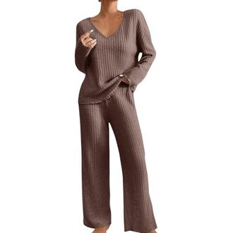Generic Ensemble de pyjama côtelé pour femme - Col en V doux - Pull et pantalon à jambes larges - 2 pièces - Couleur unie - Confortable et chaud, marron, XXL