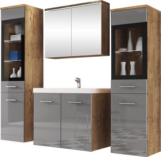 Mirjan24 Badm&ouml;bel Set Madrit II mit Waschbecken und Siphon, Komplettprogramme f&uuml;r Spiegelschrank, Waschtisch, Hochschrank (Kastanien Breslau/Grau Hochglanz, mi