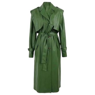 Generic Trench long en cuir synth&eacute;tique pour femme - Simple boutonnage ceinture &eacute;l&eacute;gante avec fente dans le dos, EN8, L