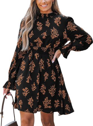 Cupshe Damen Kleid High Neck Langarm Blumenmuster Kurzes Minikleid Freizeitkleider Party Tunika Dress Schwarz Floral XL