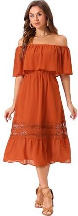 Allegra K Robe Maxi à épaules dénudées à Volants en Dentelle avec empiècement en Dentelle Taille Haute à Manches flottantes pour Femmes Orange Brûlée L