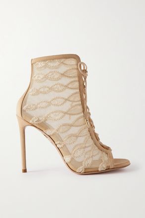 Aquazzura After Dark Bootie 105 Schn&uuml;rstiefel Aus Mesh Mit Bes&auml;tzen Aus Veloursleder Und Spitze - Pink