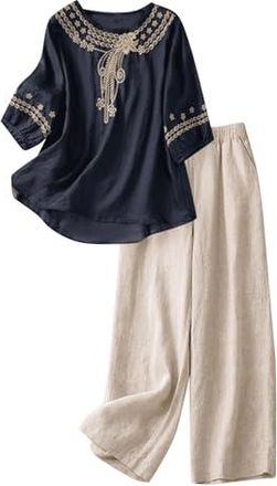 Generic Ensemble de pantalons pour femmes grande taille avec chemise brod&eacute;e en lin et pantalon &agrave; jambes larges, ensemble deux pi&egrave;ces grande taille pantalon fo