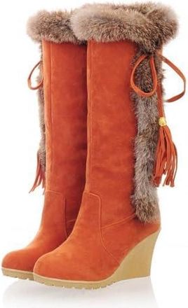 Generic Bottes hautes à mollet larges doublées de fourrure pour femme, bottes de neige compensées pour femme, bottes de neige décontractées bohèmes en daim et