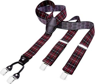 DonDon bretelles hommes larges 3,5 cm avec 4 clips extra-fortes et patch en cuir marron - carré rouge foncé noir