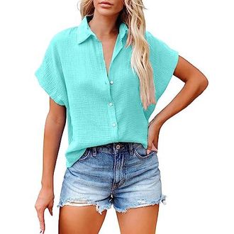 Generic Chemises et chemisiers en lin pour femme - Grande taille - Boutonn&eacute; - Manches courtes - Style d&eacute;contract&eacute; - Tunique ample - V&ecirc;tements tendance, vert m