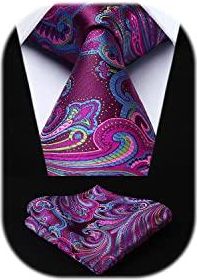 Hisdern Floral Paisley Wedding Tie Mouchoir Cravate et pochette pour hommes,Taille unique,Rose Vif et Vert