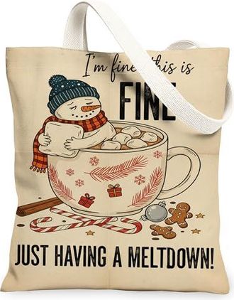 Generic Sacs fourre-tout en toile motif bonhomme de neige dhiver, sacs d&eacute;picerie r&eacute;utilisables, l&eacute;gers et lavables &agrave; l&eacute;paule S, beige, 13x15 Inch