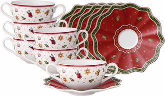 Villeroy & Boch Toys Delight Suppentassen mit Untertassen 6er Set, 250 ml, Weihnachtliches Suppengeschirr, Premium Porzellan, Zackiger Rand, Rot