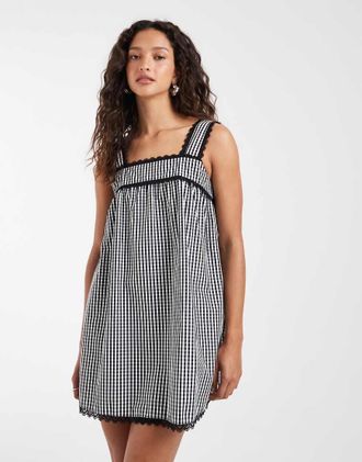 Motel Sandat - Robe babydoll courte &agrave; carreaux vichy - Gris