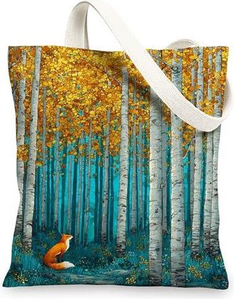 Generic Sacs fourre-tout en toile de forêt dautomne réutilisables, légers et lavables avec bandoulière pour salle de sport, voyage, plage, pique-nique, 33 x 3