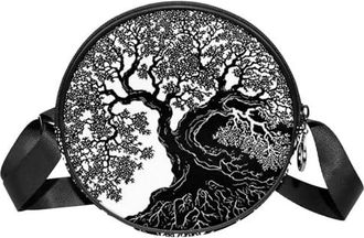 Generic Petit sac &agrave; bandouli&egrave;re circulaire pour femme, Yin Yang en ch&ecirc;ne avec fermeture &eacute;clair, bretelles r&eacute;glables, sac &agrave; main rond d&eacute;contract&eacute; pour femmes e