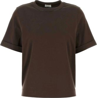 Brunello Cucinelli Femme, Tops, Brun, Taille: 38 FR T-shirt en jersey de coton avec finitions brillantes