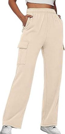 Generic Pantalon cargo décontracté pour femme avec taille élastique et poches latérales, beige, XXL
