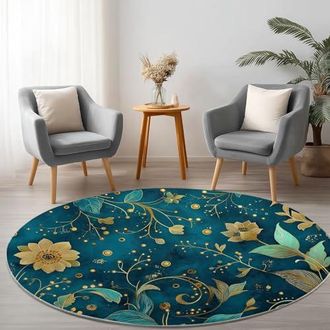 Generic Bleu Fonc&eacute; Tapis Rond Fantaisie - 150 cm Lavable Doux et antid&eacute;rapant Tapis, Vintage Fleurs Vignes Impression pour Chambre &agrave; Coucher Salon Vestibule e