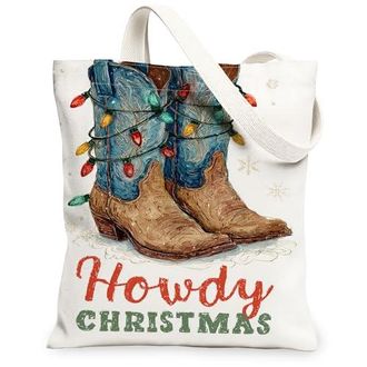 Generic Sacs fourre-tout en toile avec motif de bottes de cowboy de No&euml;l, design occidental festif, l&eacute;ger et lavable, sacs en toile pour les courses, blanc, 1