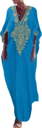 Bsubseach Gold Stickerei Lange Kaftan Kleider V-Ausschnitt Kaftan Kleid Strand Cover Ups f&uuml;r Frauen Cyan