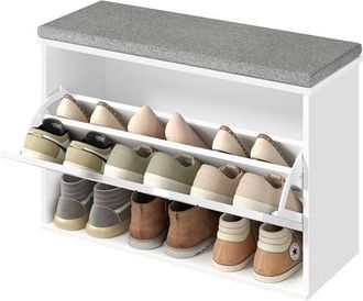 Vasagle Banc à Chaussures Rembourré, Meuble dEntrée sur 3 Niveaux pour 9 Paires de Chaussures, Tiroir Rabattable, 30 x 80 x 53,5 cm, pour Entrée, Chambre, Bla
