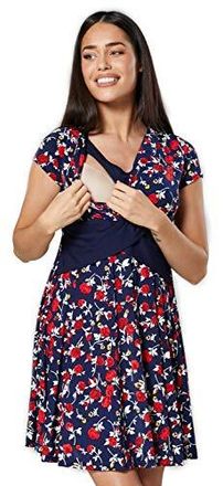 Happy Mama Femme. Robe Patineuse maternit&eacute; dallaitement. Court Manches. 605p (Bleu Marine avec Petites Roses Rouges, 44, 2XL)