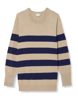 Kaffe Curve Kaffe Curve Womens Plus-Size Striped Regular Fit Round Neck Tight Knit Pullover, Blue/Feather Gray Mel. Stripe, L Größen