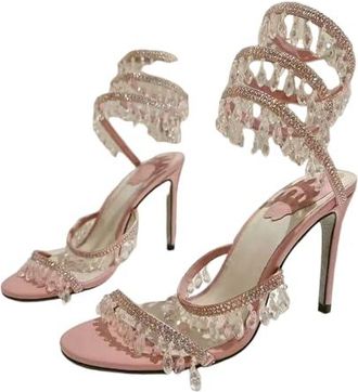 Generic YUJIEBB Sandales d&eacute;t&eacute; &agrave; talons hauts pour femme avec strass et perles de cheville serpent ficelle autour des chaussures de mariage sandales de gladiat