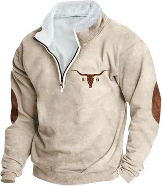 Generic Sweat-shirt &agrave; demi-fermeture &eacute;clair en molleton doubl&eacute; pour homme, imprim&eacute; western vintage, manches longues, col zipp&eacute;, pulls chauds dhiver, pulls d&eacute;c
