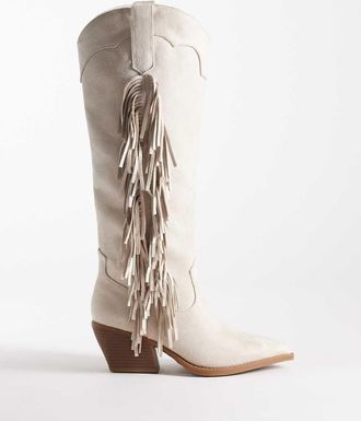 Glamorous Santiags montantes &agrave; franges en su&eacute;dine - Cr&egrave;me-Blanc
