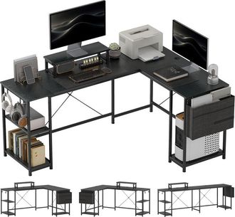 HOMCOM Bureau dangle - HOMCOM - r&eacute;versible - 168-240 cm - &eacute;tag&egrave;re r&eacute;glable, sac de rangement, support d&eacute;cran - acier - brun rustique