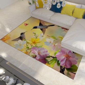 Generic Tapis color&eacute; de Jardin Vibrant Printemps Motifs Floraux et dOiseaux Tapis Lavable Doux pour Le Bureau Salon &Eacute;tude Tapis de Sol antid&eacute;rapant 140x200cm