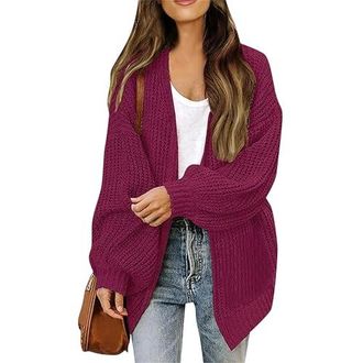 Generic Cardigan en tricot &agrave; manches lanternes pour femme Col en V Couleur unie Pull &agrave; manches longues R&eacute;tro, violet, Taille XS