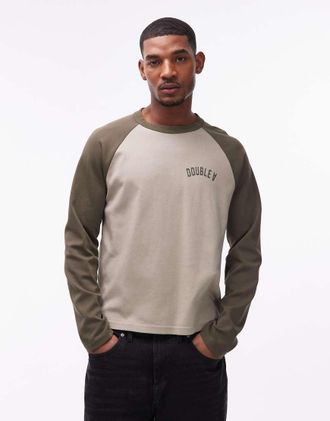 Wood Wood Double A By Wood Wood - Diego - T-shirt &agrave; manches longues raglan - Beige et kaki-Multicolore