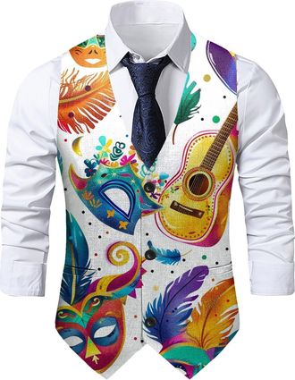 Generic Herren Weste Karneval Kost&uuml;m Bunt Bedruckt Masken Muster Anzugweste V-Ausschnitt Fasching Party Outfit Venedig Themenparty Herrenweste f&uuml;r B&uuml;hne Umzug