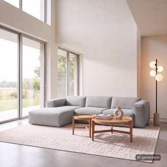 Studio Copenhagen home24 Ecksofa 3-Sitzer mit Longchair Grau Webstoff Saia 284cm Longchair davorstehend links Modern