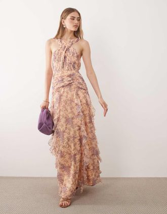 Pretty Lavish Brielle - Robe longue crois&eacute;e et fronc&eacute;e &agrave; volants avec imprim&eacute; fleurs - Lilas et orange-multicolore