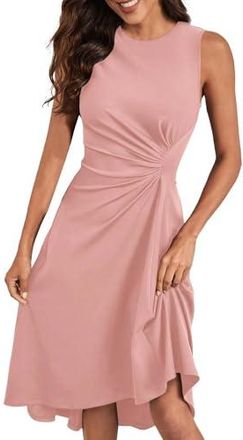 Generic Robe d&eacute;t&eacute; sans manches pour femme - Taille trap&egrave;ze - Robe mi-longue courte pour femme, Rose, XL