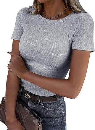 Generic Chemises &agrave; manches courtes en tricot c&ocirc;tel&eacute; pour femme, tenues d&eacute;t&eacute; tendance, T-shirts basiques en tricot c&ocirc;tel&eacute; &agrave; encolure d&eacute;gag&eacute;e, gris, XXL