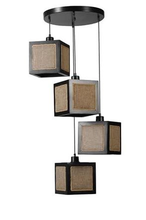 Opviq Elegant FIR Wood Chandelier, Adjustable Height, Black & Rattan, 70 cm | Natural Fabric Cap, E27 Socket, Stylish Lighting for Modern Spaces